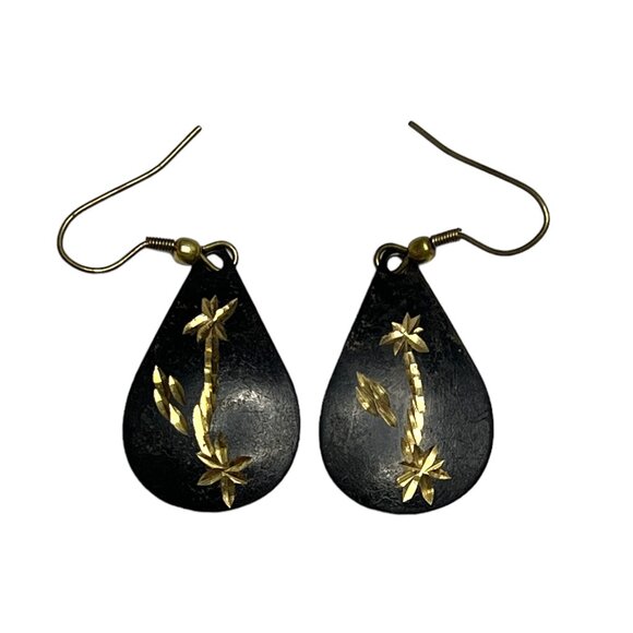 Jewelry | Vintage Black Teardrop Metal Earrings With Diamond Cut Gold ...